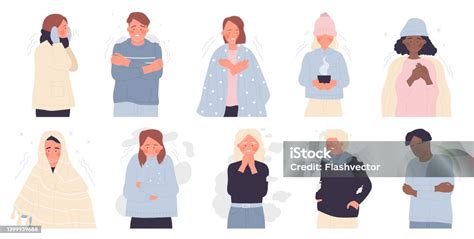 사람들은 떨리고 겨울의 추운 날씨를 싫어하며 젊은 남녀는 기분이 좋지 않습니다 감기와 독감에 대한 스톡 벡터 아트 및 기타