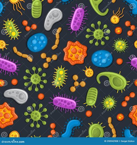 Microbes Bacteria And Virus Seamless Pattern Dark Background Stock