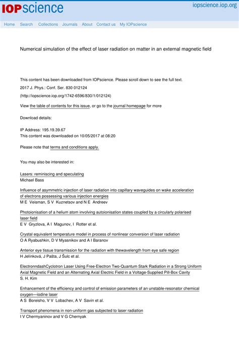 Pdf Numerical Simulation Of The Effect Of Laser Radiation On Matter In An External Magnetic Field