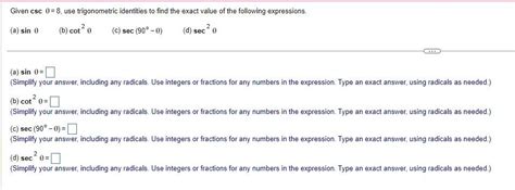 Solved Given cscθ use trigonometric identities to find Chegg com