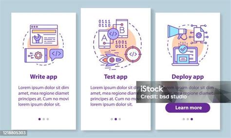 선형 개념으로 모바일 앱 페이지 화면을 온보딩하는 앱 개발 작성 테스트 배포 프로그램 연습 3 단계 그래픽 지침 Ux Ui 그림이 있는 Gui 벡터 템플릿 3에 대한 스톡