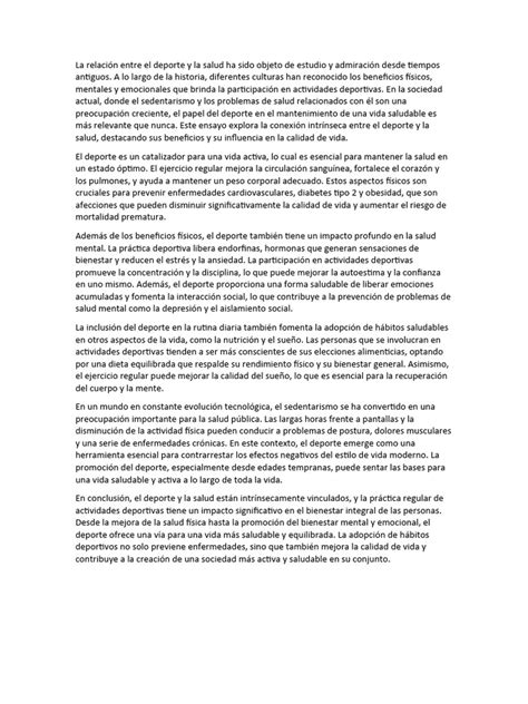 La Relación Entre El Deporte Y La Salud Ha Sido Objeto De Estudio Y
