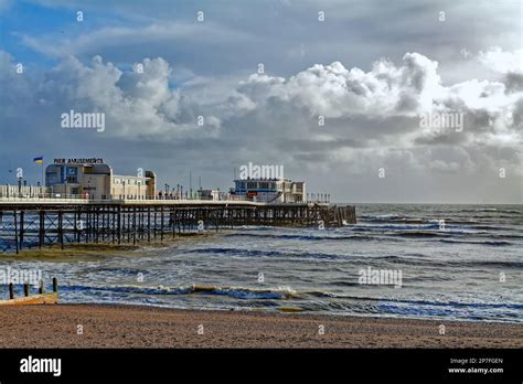 Worthing Pier And Beach On A Blustery Winters Day West Sussex England