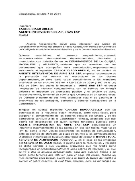Requerimiento De Contralores A Agente Interventor De Air E Pdf
