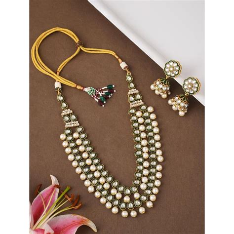 Buy Designbox Multilayer Kundan Pearl Long Mala With Jhumka Earrings Jewellery Sets Online
