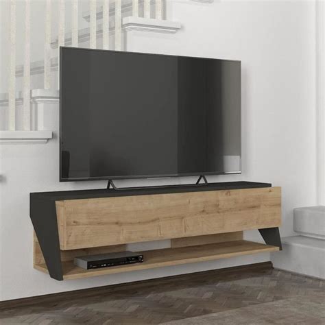 Meuble TV Mural Support Télé avec Compartiment Fermé et Étagère Banc