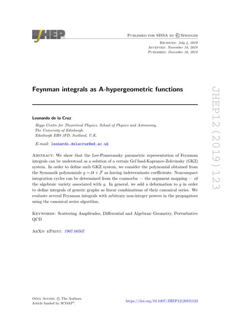 Pdf Feynman Integrals As A Hypergeometric Functions