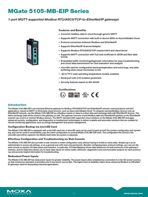 Moxa Mgate 5105 Mb Eip Series Datasheet V1 2 Pdf Transmission