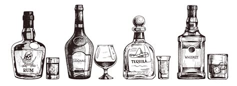 Hand Drawn Set Of Alcoholic Drinks Bottle Of Rum Cognac Tequila