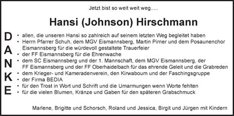 Traueranzeigen Von Hansi Hirschmann N Land