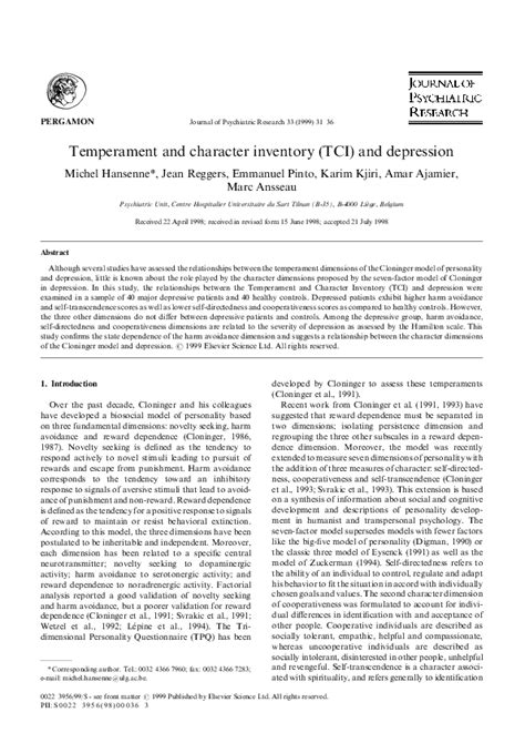 Pdf Temperament And Character Inventory Tci And Depression