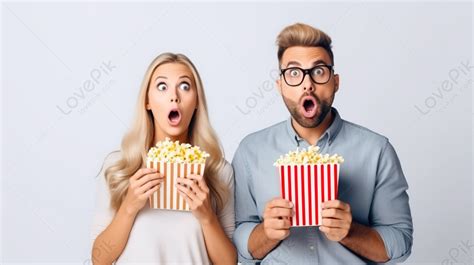 팝콘과 3d 안경을 끼고 초조하게 영화를 감상하는 모습 흰 벽에 고립된 캐주얼 복장의 매력적인 커플 감상 배경 상하 배경 고립 배경 이미지 Hd 감상 상하 고립