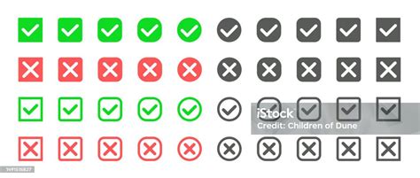 녹색과 빨간색 원과 사각형 확인 표시와 십자 아이콘이 설정되었습니다 벡터 그림 확인 표시 아이콘 집합입니다 확인표시에 대한 스톡