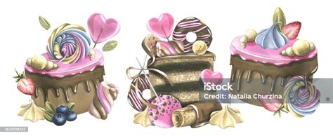 브라우니 도넛 마시멜로 막대 사탕 딸기 블루베리를 곁들인 케이크 세트 손으로 그린 수채화 그림 흰색 배경에 격리된 작곡 집합 갈색에 대한 스톡 벡터 아트 및 기타 이미지