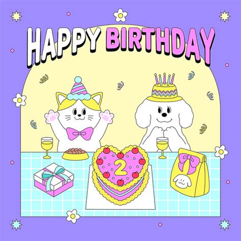 유토이미지 이벤트 케이크고양이와 강아지의 생일축하 테이블 벡터 일러스트