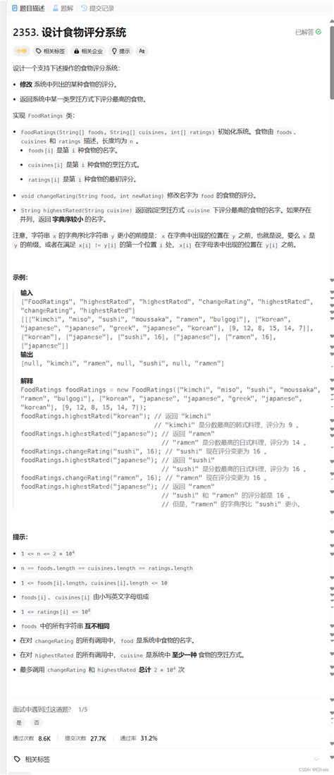 Leetcode 2353 设计食物评分系统 题解leetcode 食物评分系统 Csdn博客 Leetcode 2353 设计食物评分系统 题解leetcode 食物评分系统 Csdn博客