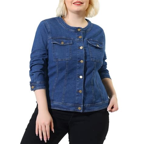 Agnes Orinda Womens Plus Size Long Sleeves Collarless Denim Jacket