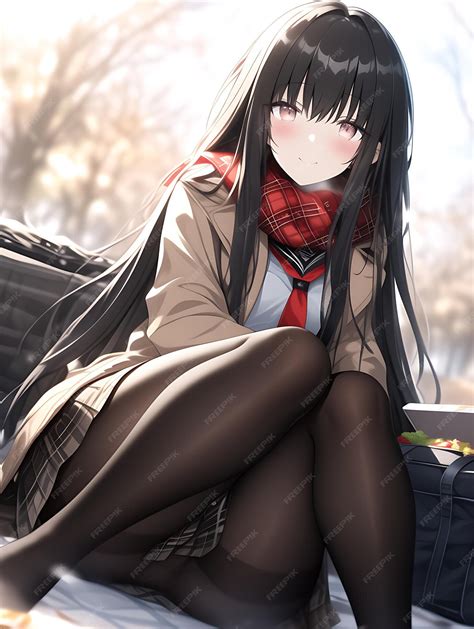 Anime Girl In Tights And Plaid Skirt Sitting On A Bench Premium Ai