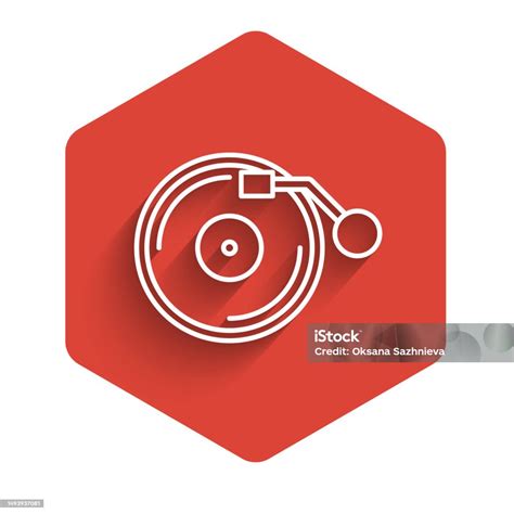 긴 그림자로 격리된 비닐 디스크 아이콘이 있는 흰색 선 비닐 플레이어 빨간색 육각형 버튼입니다 벡터 Dj에 대한 스톡 벡터 아트