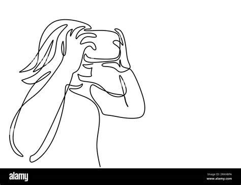 Girl Using Vr With Single Continuous One Line Art Drawing Smart Technology Futuristic Game