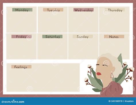 Female Weekly Planner Template Timetable Grid With Illustration Of