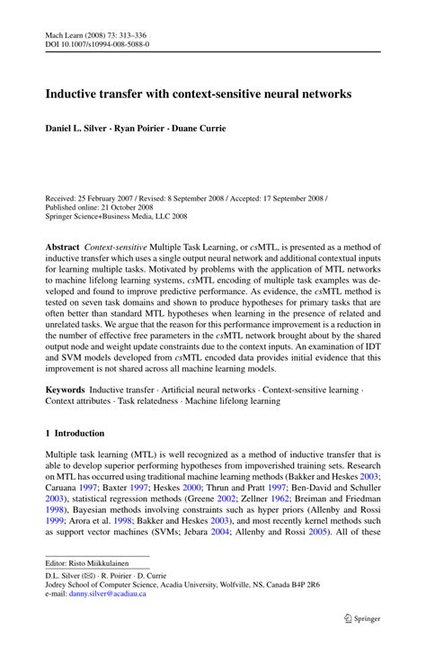 Pdf Inductive Transfer With Context Sensitive Neural Networks
