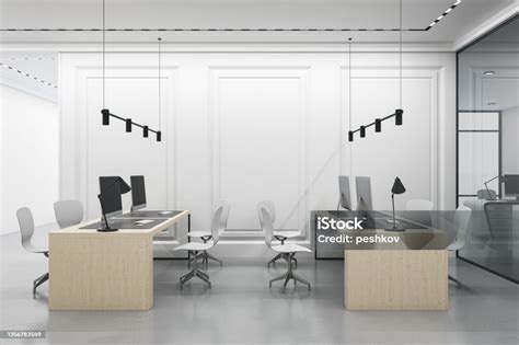 가구 컴퓨터 장식 공장 및 유리 파티션과 깨끗한 콘크리트 코워킹 오피스 인테리어 회의 및 직장 개념 3d 렌더링 0명에 대한 스톡 사진 및 기타 이미지 Istock