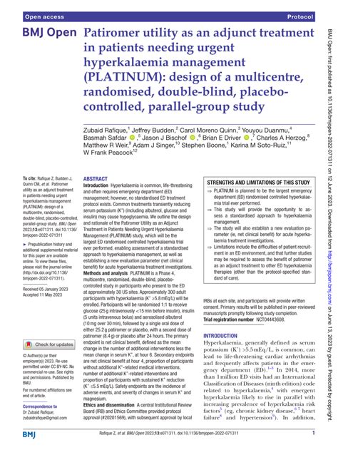 Pdf Patiromer Utility As An Adjunct Treatment In Patients Needing Urgent Hyperkalaemia