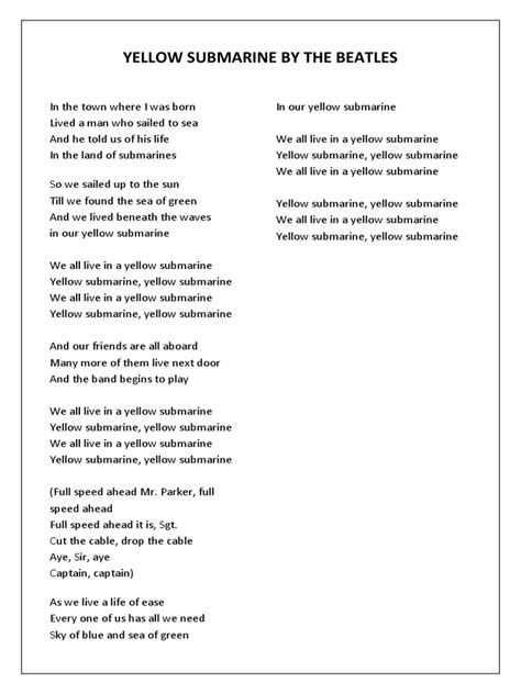Yellow Submarine Lyrics Pdf Worksheets Library