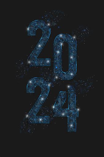 2024년 새해 번호의 추상적인 고립된 파란색 이미지입니다 다각형 로우 폴리 와이어 프레임 그림은 스파 또는 날아 다니는 유리 파편으로 블래스크 밤하늘의 별처럼 보입니다