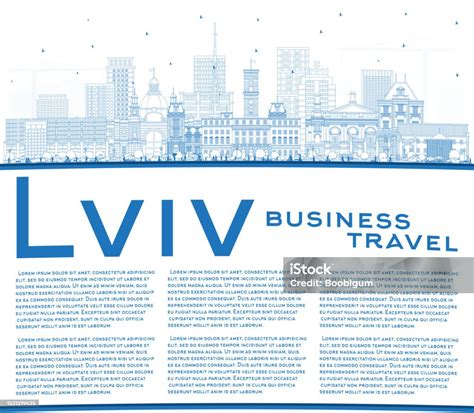 파란색 건물과 복사 공간이 있는 리비우 우크라이나 도시 스카이라인을 개략적으로 설명합니다 0명에 대한 스톡 벡터 아트 및 기타 이미지 0명 거리 건물 외관 Istock