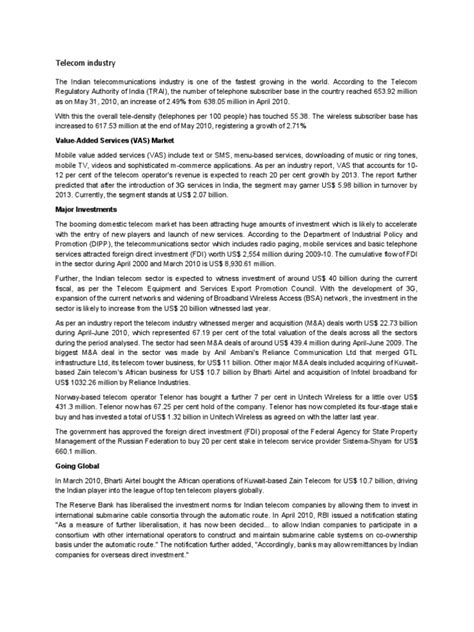 Telecom Industry Pdf Telecommunication Service Industries