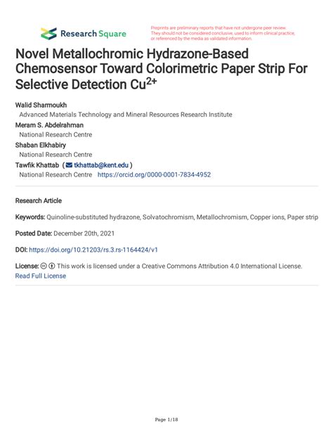 Pdf Novel Metallochromic Hydrazone Based Chemosensor Toward Colorimetric Paper Strip For