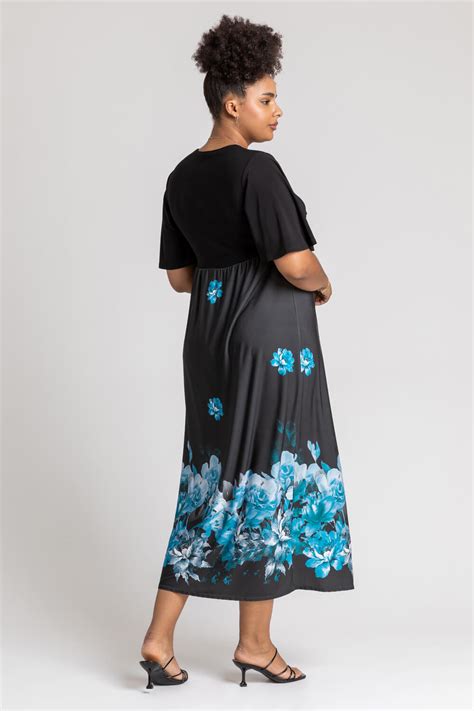 Curve Floral Border Print Maxi Dress In Royal Blue Roman Originals Uk