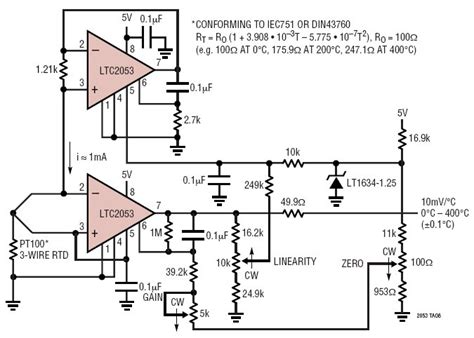 Single 5v Supply Linearized 0°c To 400°c Platinum Rtd Amplifier Circuit
