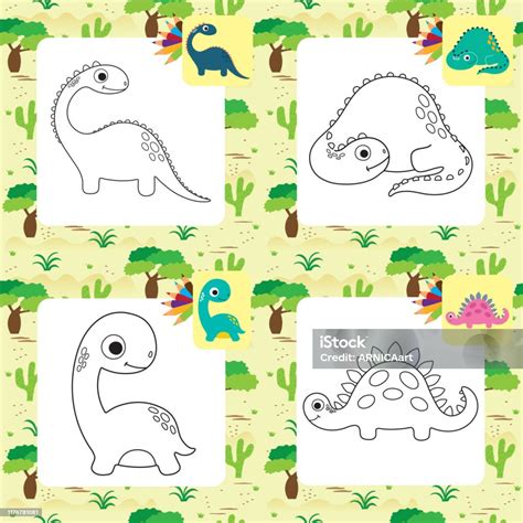 Funny Cartoon Dinosaurs Collection Coloring Book Stock Illustration
