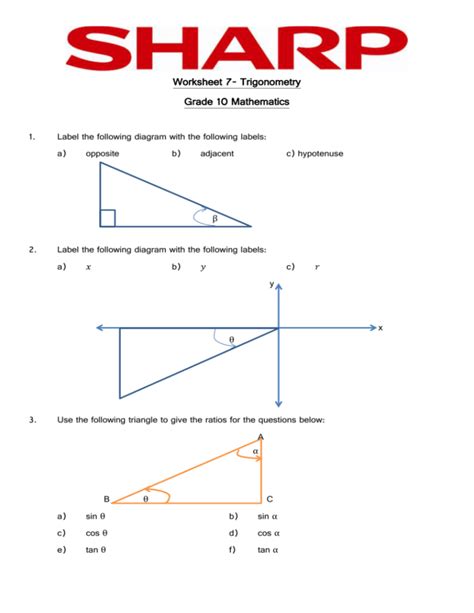Grade 10 Trigonometry Worksheet Ratios And Solving Triangles