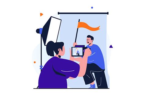 웹 배너 디자인을 위한 현대적인 평면 컨셉을 작업하는 여성 사진 스튜디오에서 전문 사진 작가로 일하는 여성은 남자 포즈를 취하기