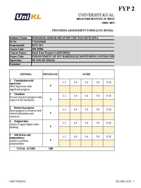 Rubric Logbook Assessment Degree Fyp 2 V1 Pdf Science Business