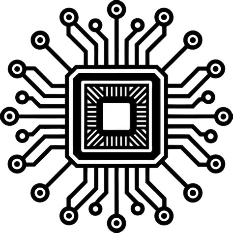 Black And White Illustration Of A Microchip With Connecting Lines And Circles Premium Ai