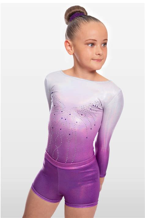 Radiant Silver To Purple Ombre Long Sleeve Leotard And Gym Shorts Comb