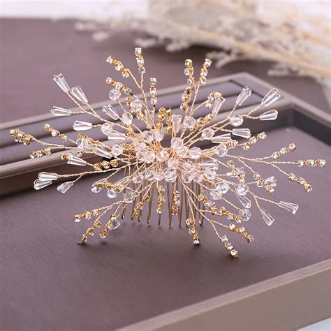 Novo Ouro Cristal Strass Pentes De Cabelo Nupcial Casamento Artesanal