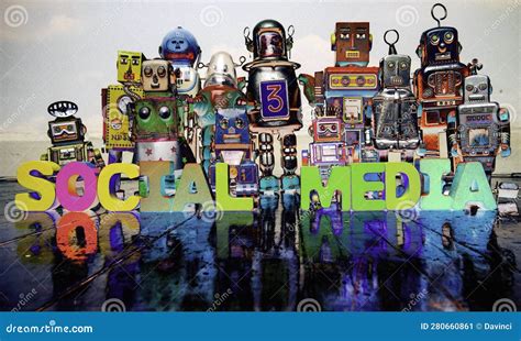 Retro Robot Toys With The Word Social Stock Image Image Of