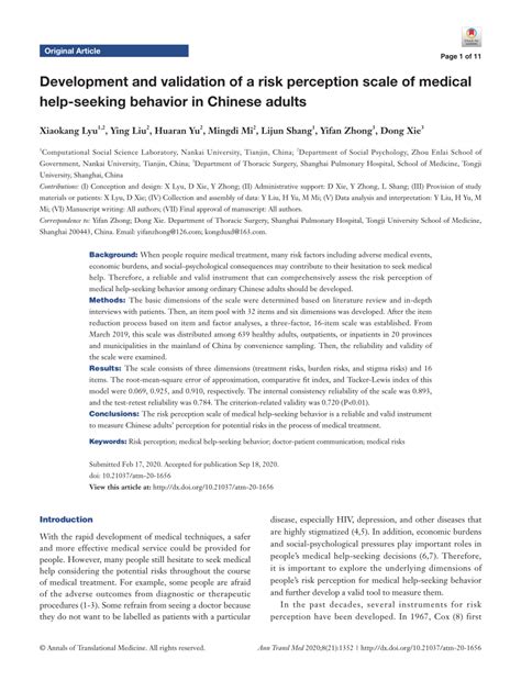 Pdf Development And Validation Of A Risk Perception Scale Of Medical Help Seeking Behavior In