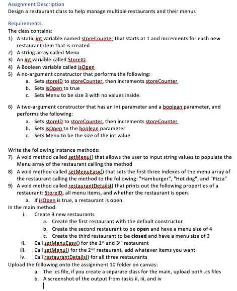Assignment Description Design A Restaurant Class To Chegg