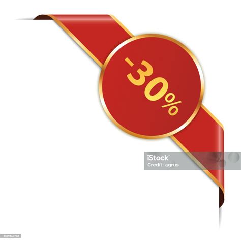 30 판매 흰색 배경에 금색 프레임이 있는 빨간색 모서리 리본 배너의 벡터 일러스트 레이 션 0명에 대한 스톡 벡터 아트 및