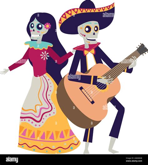 Catrina And Mariachi Skulls Dancing And Playing Guitar Stock Vector Image And Art Alamy