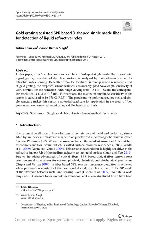 Gold Grating Assisted Spr Based D Shaped Single Mode Fiber For Detection Of Liquid Refractive