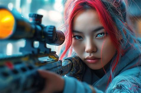Premium Photo Mercenary Sniper Asian Girl Killer Assassin Aiming At Sight Of Sniper Rifle On