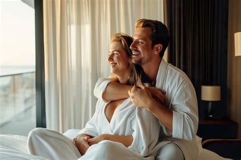 Um Homem E Uma Mulher Sentados Juntos Em Uma Cama Compartilhando Um